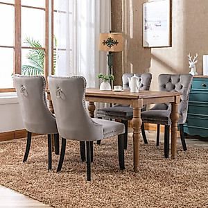 MZDOO Velvet Dining Chairs Set of 6, Tufted Upholstered Dining Room Chairs with Back Ring Pull, Nailhead Trim and Solid Wood Legs, Modern Dining Chair for Dining Room, Kitchen(Grey)