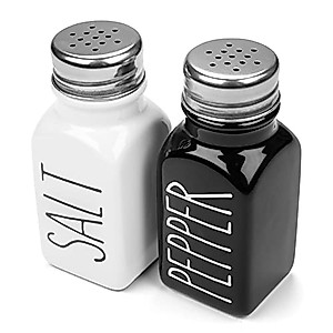 Farmhouse Ceramic Salt and Pepper Shakers Set with Extra Lids. 100% Stoneware Salt and Pepper Shaker Set. Black Pepper and White Salt Shaker with Lid x4. Kitchen Salt Pepper Shakers by Heartland Home