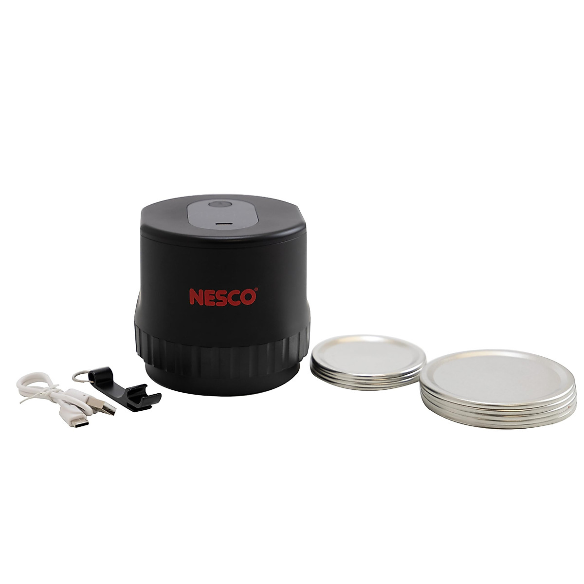 Nesco Electric Mason Jar Vacuum Sealer Kit, Type-C charging, fits wide and regular mouth jars, comes with 5 regular and 5 wide lids, bottle opener, and charging cable