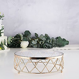 Efavormart 14" Round Metal Geometric Cake Stand Cake Riser with Glass Top Glossy Metallic Finish for Dessert Cupcake Pastry Candy Display Plate Event, Birthday Party