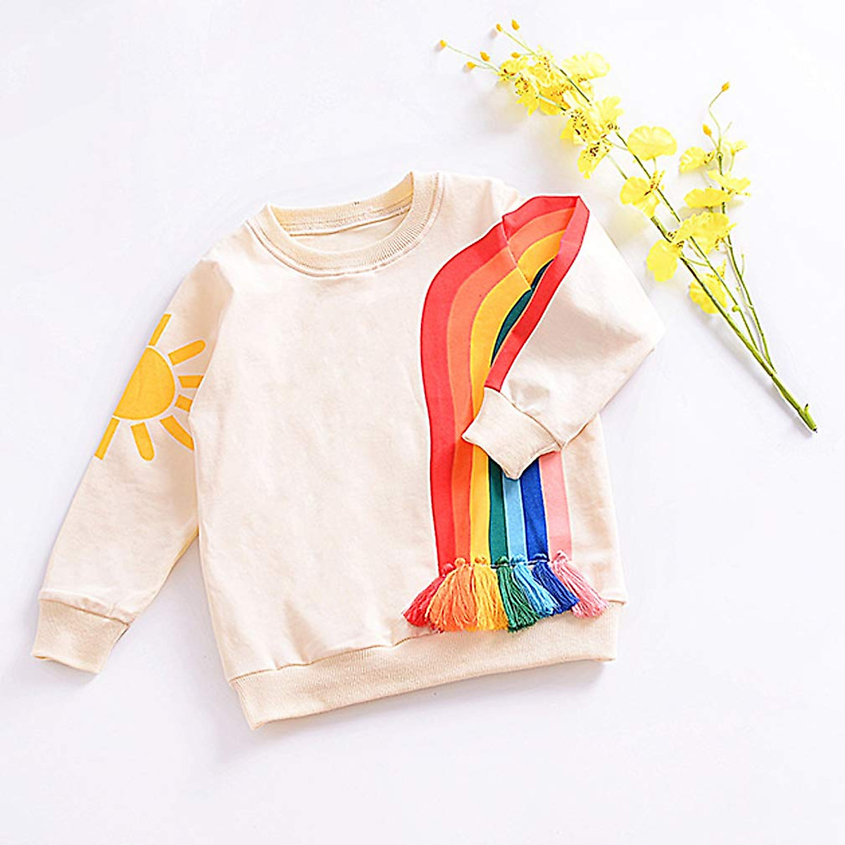 Toddler Kids Baby Girl Boy Long Sleeve Tassel Rainbow Sweatshirt Casual Shirt Pullover Tops (Beige, 12-18 Months)