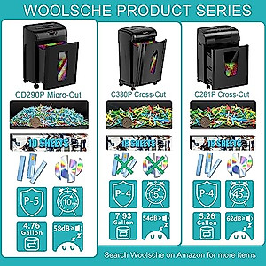 Woolsche Paper Shredder, 10-Sheet Micro Cut with 4.76-Gallon Pull Out Basket, P-6 Security Level, 3-Mode Design Shred Paper and CD/Credit Card, Durable&Fast with Jam Proof System Shredder for Office
