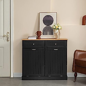 GAZHOME Kitchen Trash Cabinet Double Tilt Out Freestanding with Drawer,Kitchen Wooden Recycling Cabinet,Trash Can Holder with Storage (Black)
