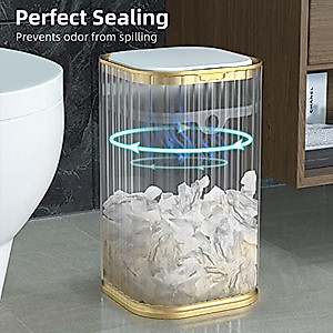 MOPALL 3.5 Gallon Automatic Trash Can,Waterproof Slim Touchless Bathroom Garbage Can with a Lid(White with Gold Trim)