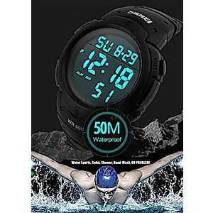 PASOY Mens Women Digital Watch Big Dial Light LED Swim Waterproof Rubber Band Alarm Black LED Watches 50MM (Black)