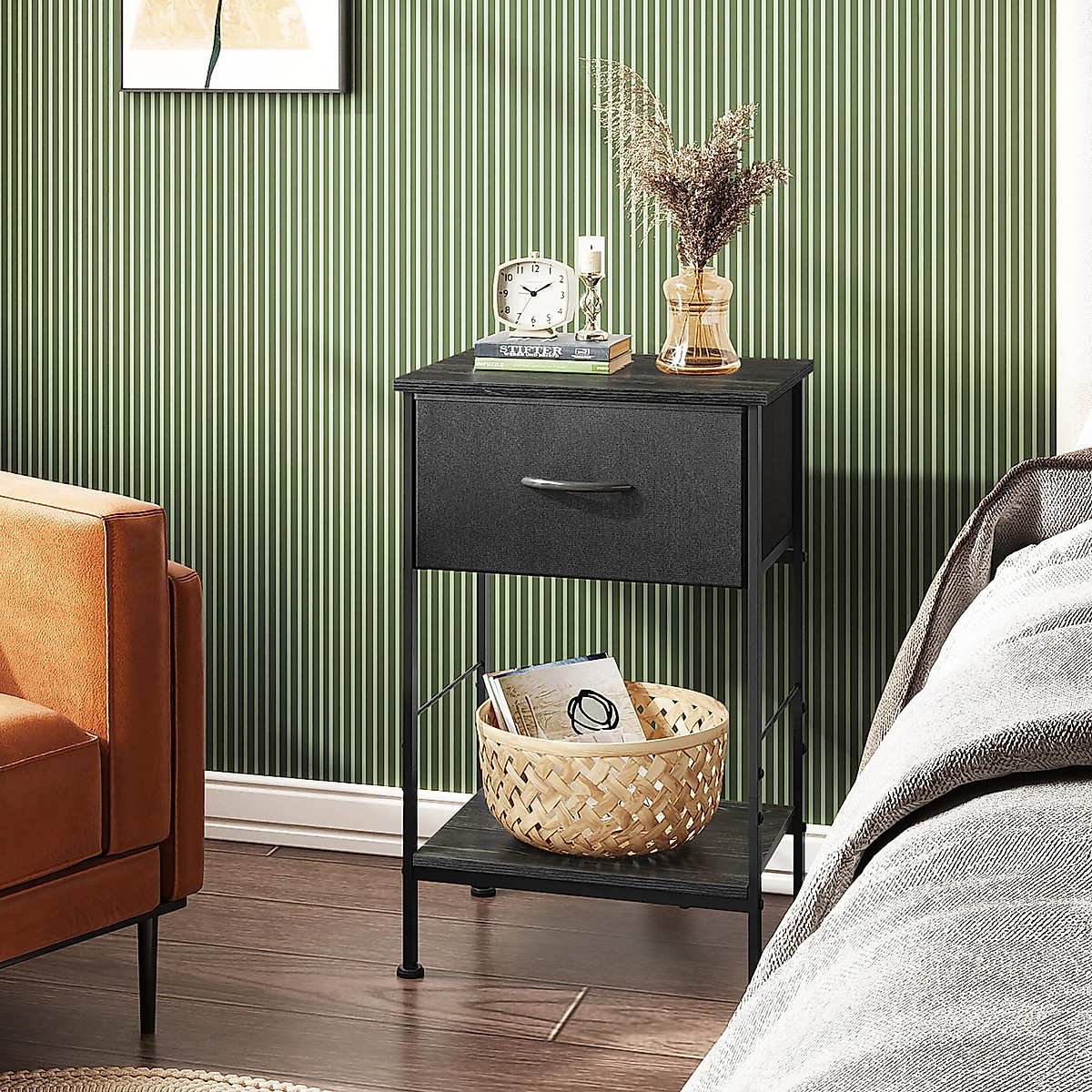WLIVE Black Nightstand, Bedside Table with Fabric Storage Drawer, Open Wood Shelf, Bed Side Table, Night Stand for Bedroom Furniture, End Table for Living Room, Dorm, Entryway, 25.03" Height