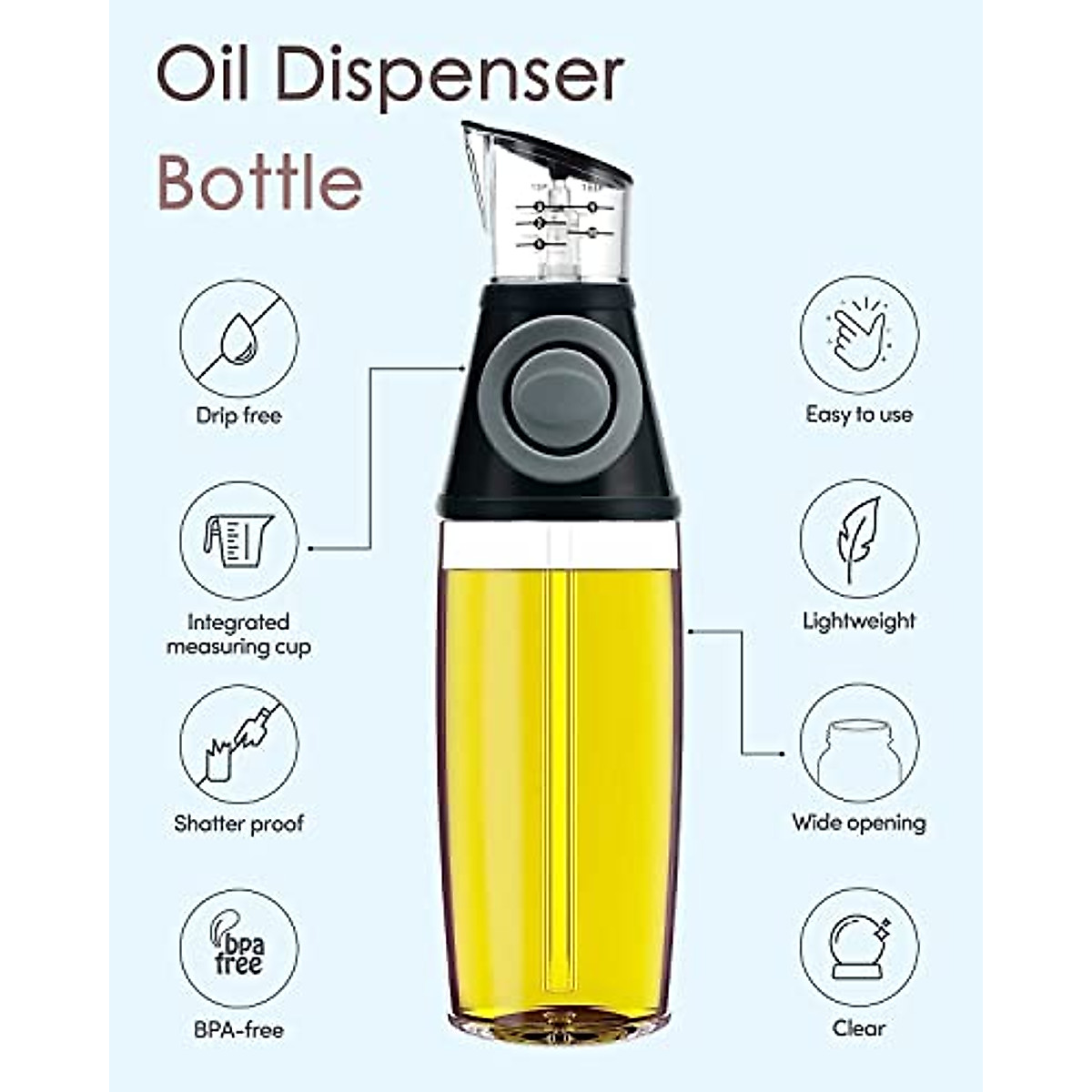 Oil Dispenser Bottle, 17oz Olive Oil Dispenser Oil Sprayer, Clear Glass Refillable Oil and Vinegar Dispenser Bottle with Measuring Scale Pump for Kitchen, Cooking, Salads, Baking Frying, BBQ (Clear)