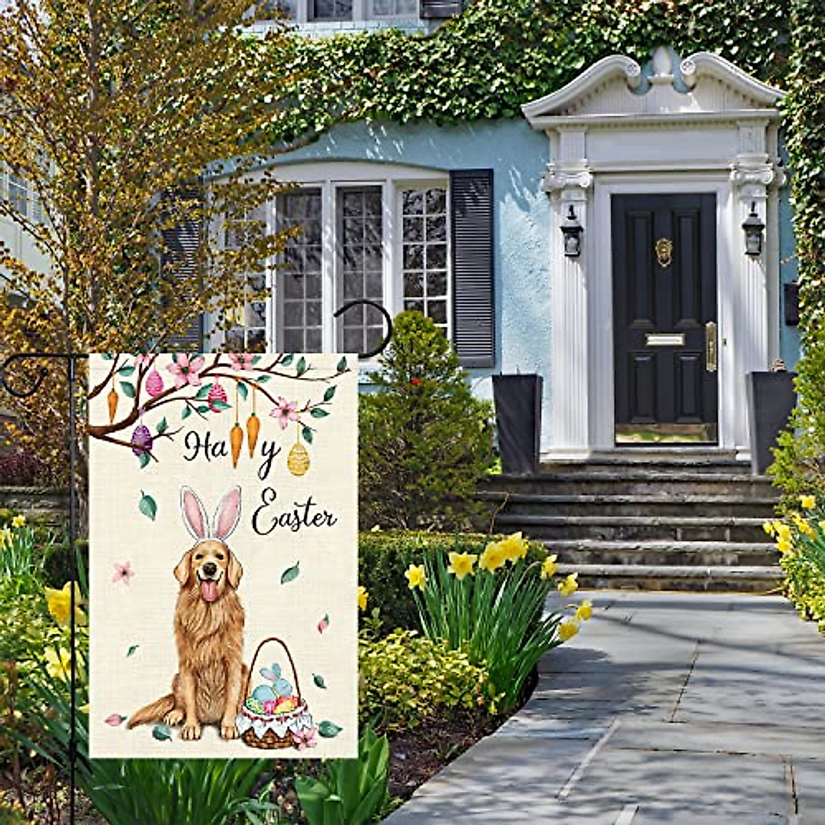 Happy Easter Garden Flag 12x18 Double Sided Burlap, Small Welcome Easter Egg Tree Dog Bunny Rabbit Garden Yard Flags for Spring Outdoor Outside Decoration (Only Flag)