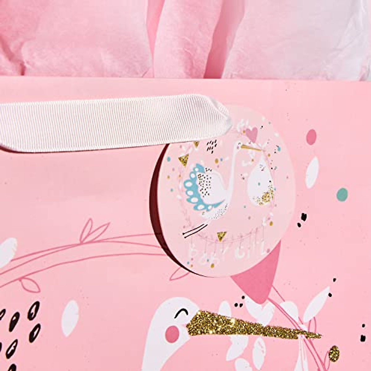 SUNCOLOR 16.5" Extra Large Gift Bags for Baby Shower with Tissue Paper(2 Pack, Baby Girl)