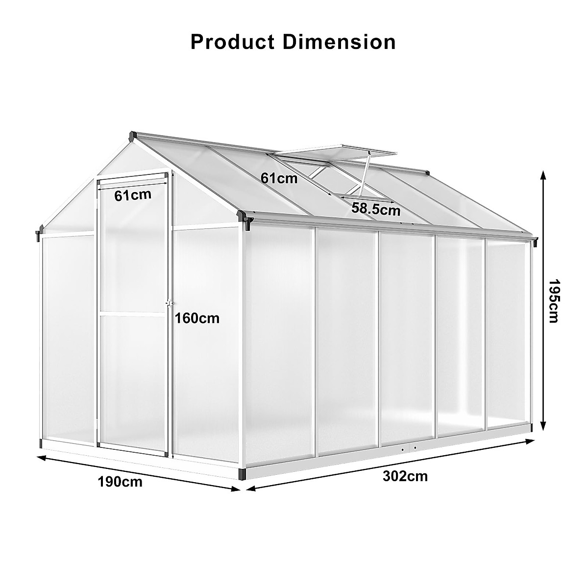 6x10 FT Greenhouse for Outdoors, Polycarbonate Greenhouse with Quick Setup Structure and Roof Vent, Aluminum Large Walk-in Greenhouse for Outside Garden Backyard, Silver