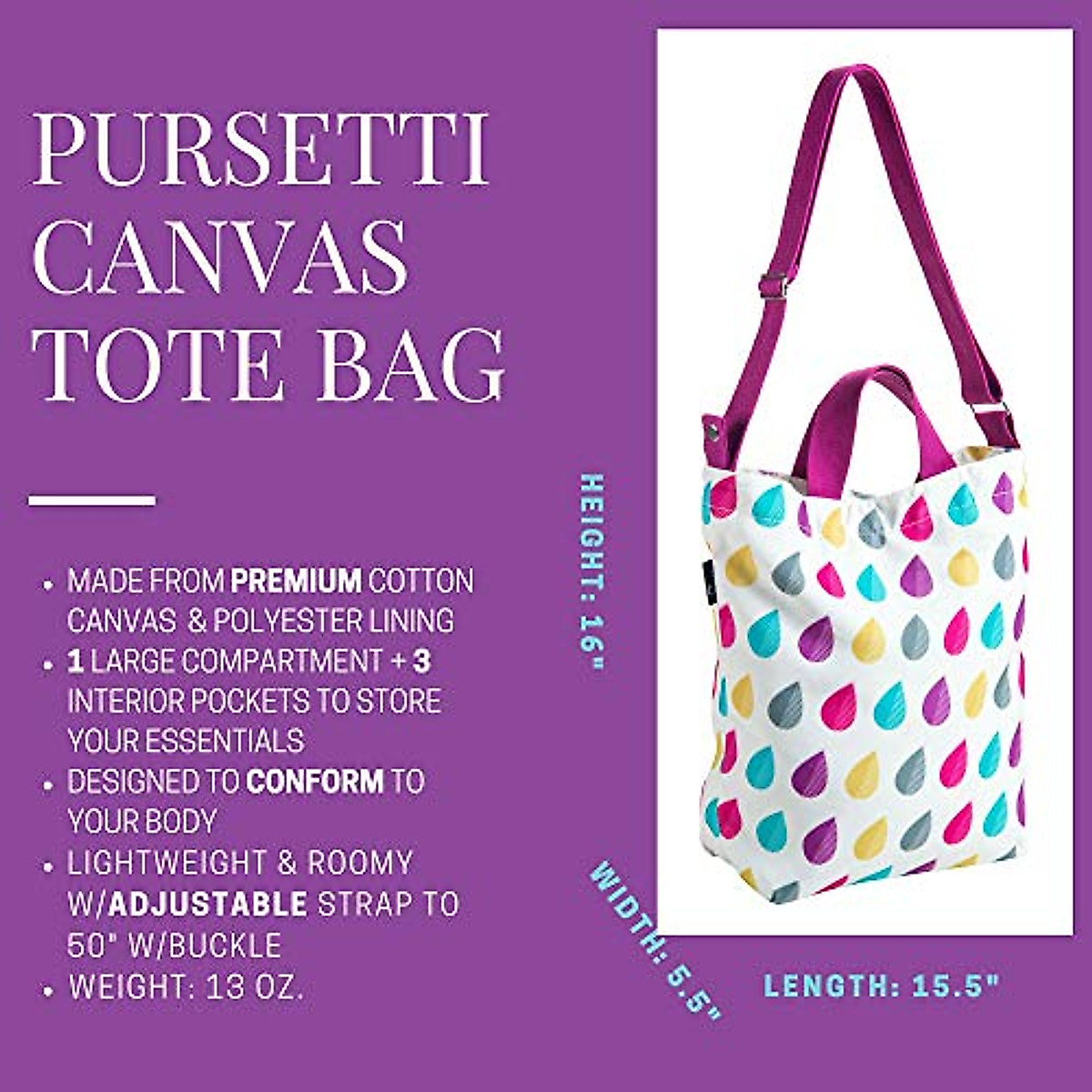 Pursetti Canvas Tote Bag for Women - Large Shoulder Bag as Work Tote, Book Bag or Travel Carryon (Candy Drops)