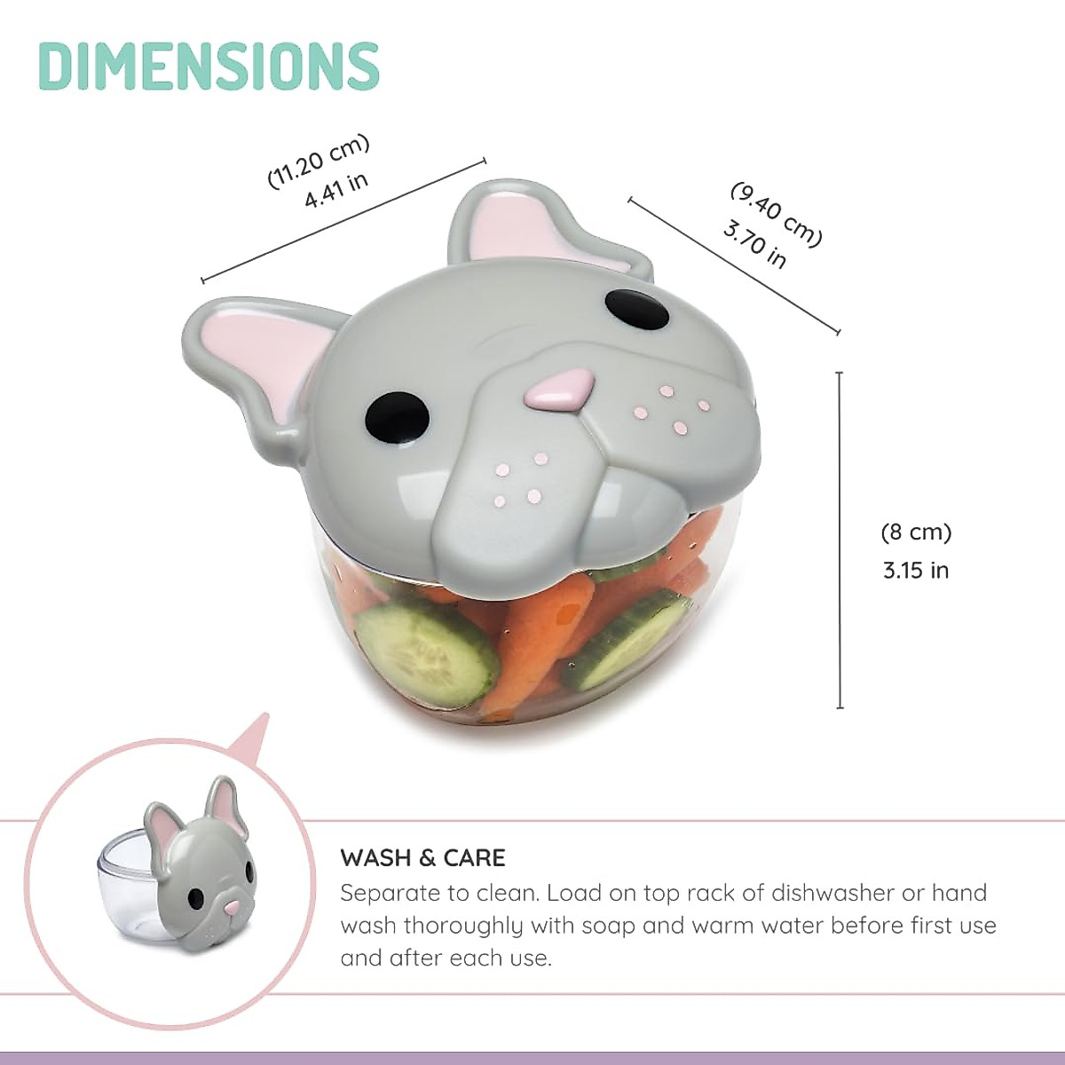 melii Animal Snack Containers with lids - Food Storage for Toddlers and Kids - Bulldog