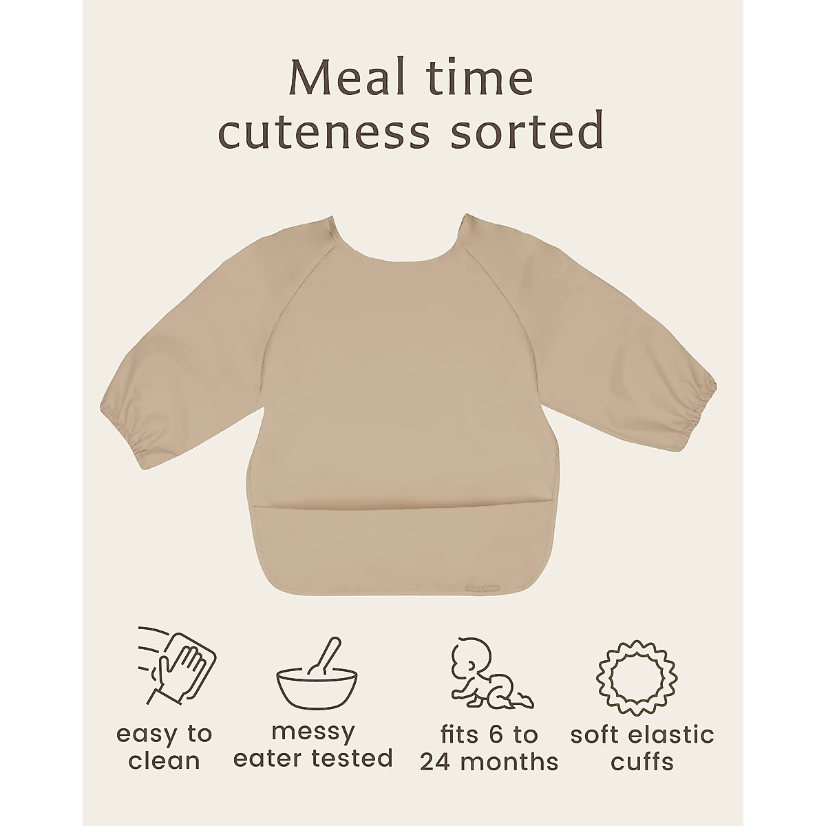 WILLOW + SIM Long Sleeve Baby Bibs - Wipe Clean, Washable with Food Catcher - Long Sleeve Bib for Babies, Toddler - Irish Cream