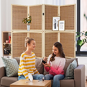 ECOMEX 4 Panel Room Divider with Shelves Fully Assembled 5.6Ft Folding Privacy Screens Wooden Room Dividers and Room Separator for Home Bedroom, Warm Brown