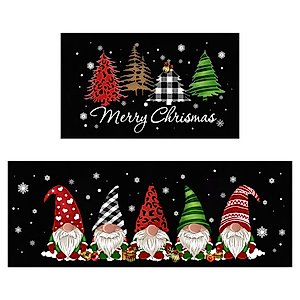 Christmas Kitchen Rugs Set of 2 - Buffalo Plaid Tree Gnomes Black Kitchen mat, Winter Holiday Party Low-Profile Floor Door Mat Merry Christmas Decorations for Home Kitchen - 17x29 and 17x47 Inch