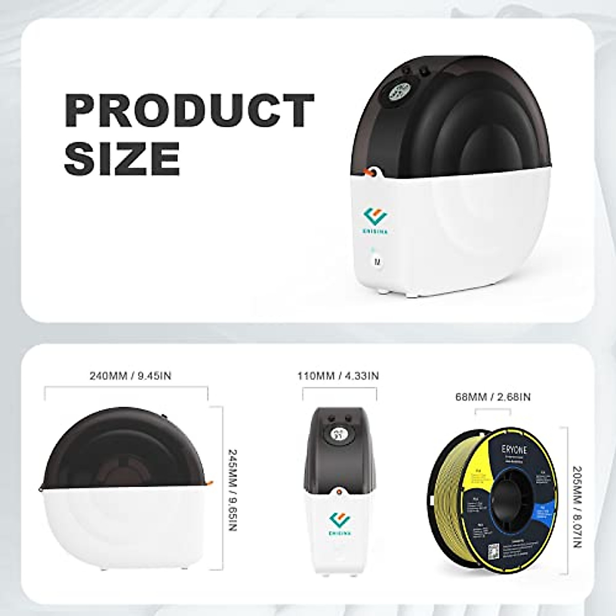 Dryer Box of 3D Printer Filament, Enisina 3D Filament Dryer Box 360° Even Heating Filament, Compatible with 1.75mm, 2.85mm, 3.00mm Filament and PLA/PETG/TPU/ABS 3D Printer Filament (Black&White)