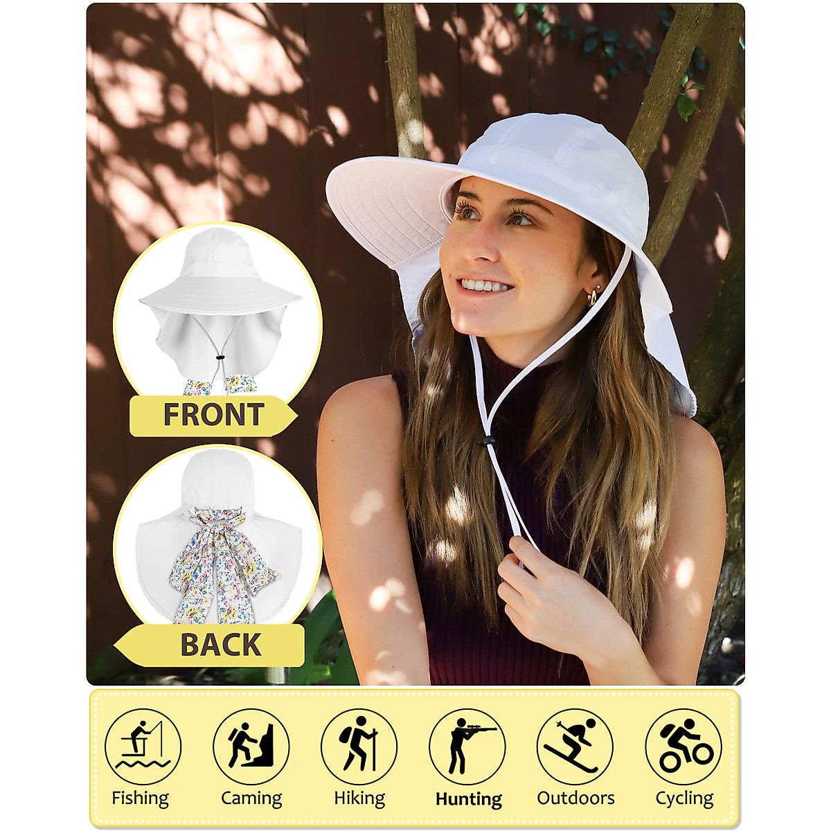 Tirrinia Stylish Garden Hats with Large Brim, Adjustable Safari Neck Cover, and Floral Ribbon