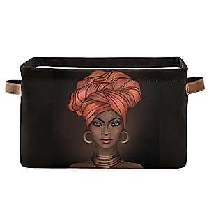 Wusikd African American Woman Storage Basket Set of 1 Large Fabric Pretty Gir Storage Basket Bins Box Cube with Handles Collapsible Closet Shelf Clothes Organizer Basket for Nursery Bedroom