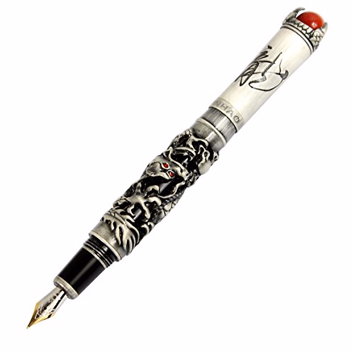 Gullor JinHao Antique Silver Dragon Style 3D Carved Fountain Pen With Red Pearl, Medium Nib, Black