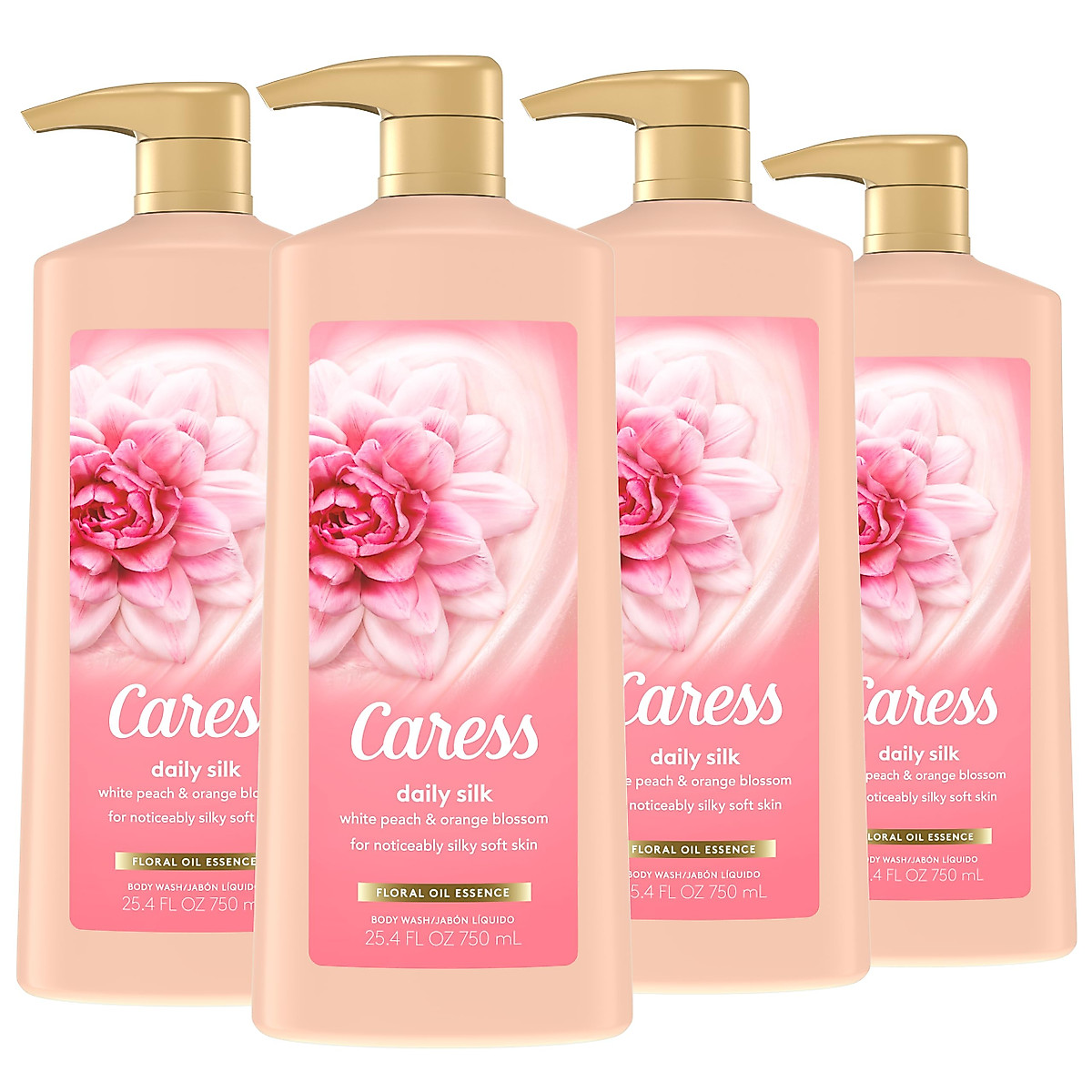 Caress Hydrating Body Wash with Pump Shower Gel For Soft, Silky Skin Daily Moisture Body Wash With Silk Extract & Floral Oil Essence, 25.4 Fl Oz (Pack of 4)