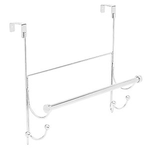 Home Basics Over The Door Towel Bar with Hooks | Made from Steel | Long Center Bar | Fits Most Standard Doors | (Chrome)