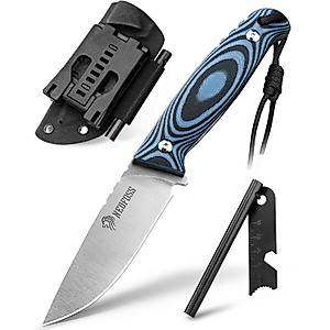 NedFoss Hyenas Bushcraft Knife with Fire Starter, 3.5" 440C Steel Camping Knife with Kydex Sheath, Blue G10 Handle for Outdoor, TAC, Gift