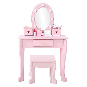 ShiningLove Kids Vanity Set with Mirror,Kids Vanity Table and Chair Set Girls' Makeup Dressing Table with Lights & Wood Makeup Playset for Age 4-9 Years