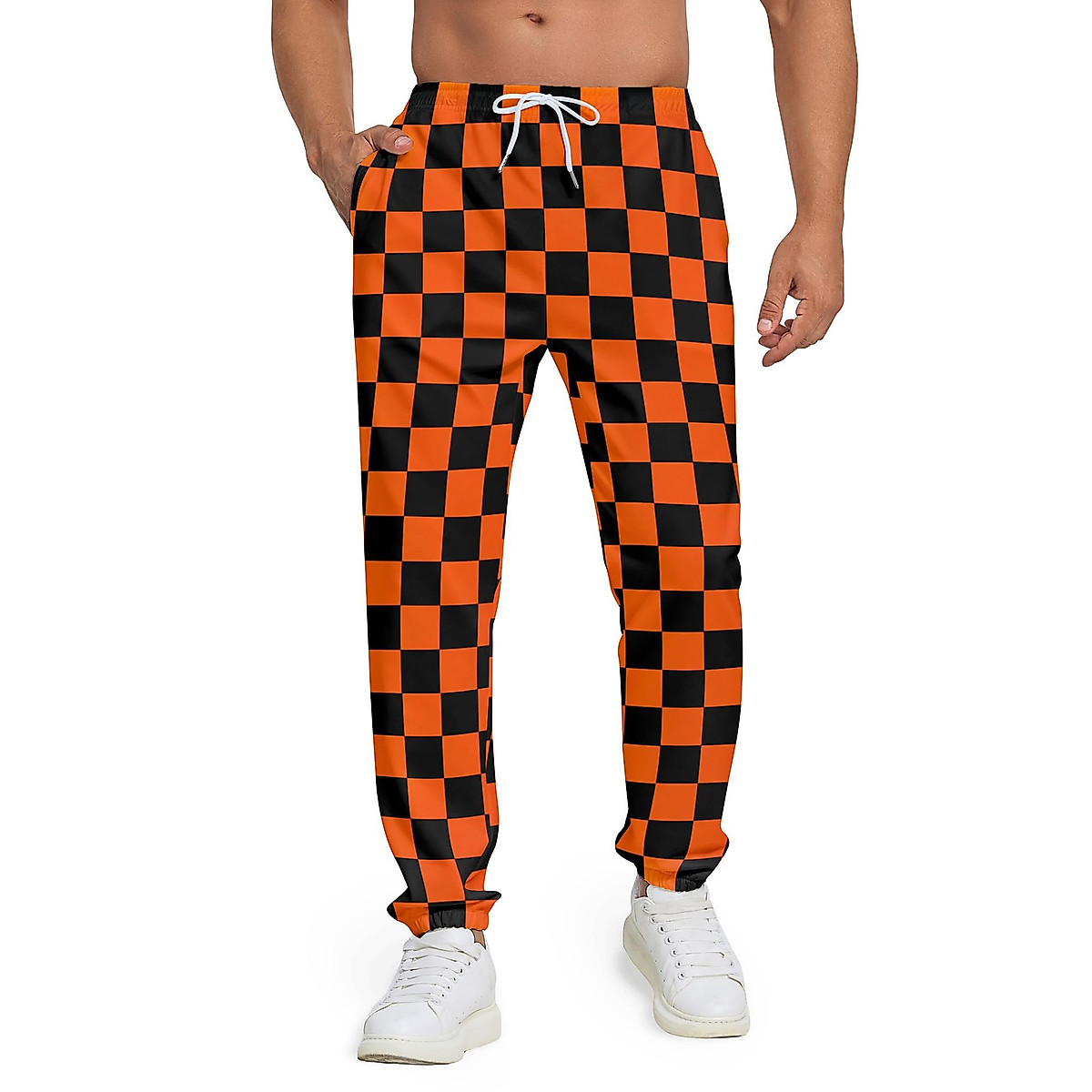 QINGXUN Sweatpants for Men Black Checkered Pants Men Lightweight Joggers Pants Drawstring Checkered Sports Pants with Pockets