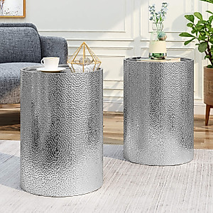 Christopher Knight Home Kaylee Modern Round Hammered Iron Accent Table (2 Pack) -Silver 16 in x 16 in x 22.25 in