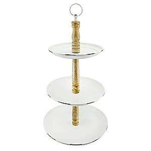 AuldHome Rustic White Tiered Stand (3-Tier Tray, White Distressed Enamel); Decorative Metal Cupcake Tray Tower in Farmhouse Vintage Enamelware