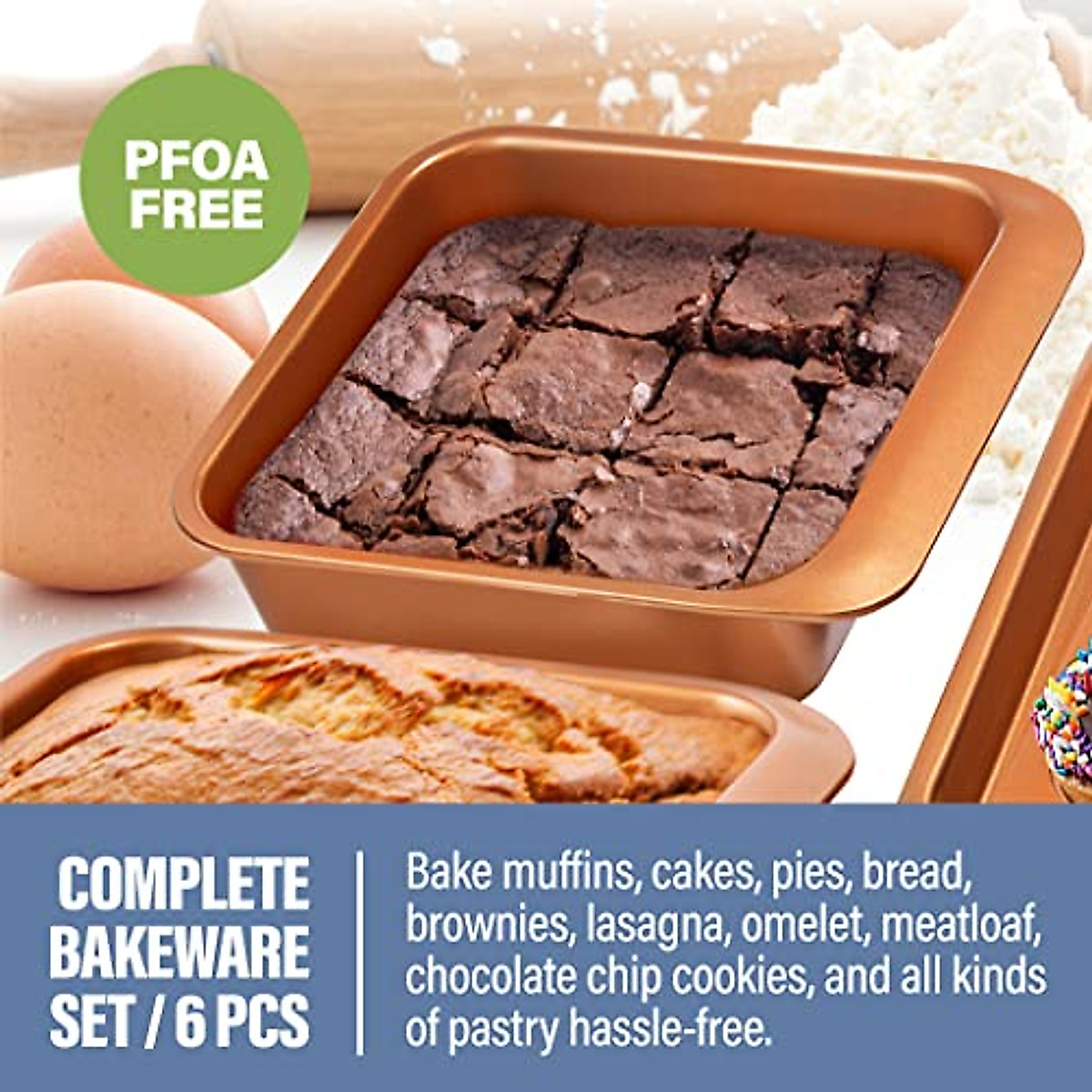 6 Piece Non-Stick Bakeware Set Includes Baking Pans, Cookie Sheet, Loaf Pan, Muffin Tin and more with Premier Ti-Cerama Copper Coating 100% PFOA Free,Graphite