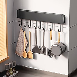 Galetcy Kitchen Utensil Hanger - 1 Pcs Wall Mounted Hooks, No Drilling Removable and Adjustable Hooks Kitchen Rail with 8 Hooks for Hanging Cooking Utensils, Mugs, Spoons