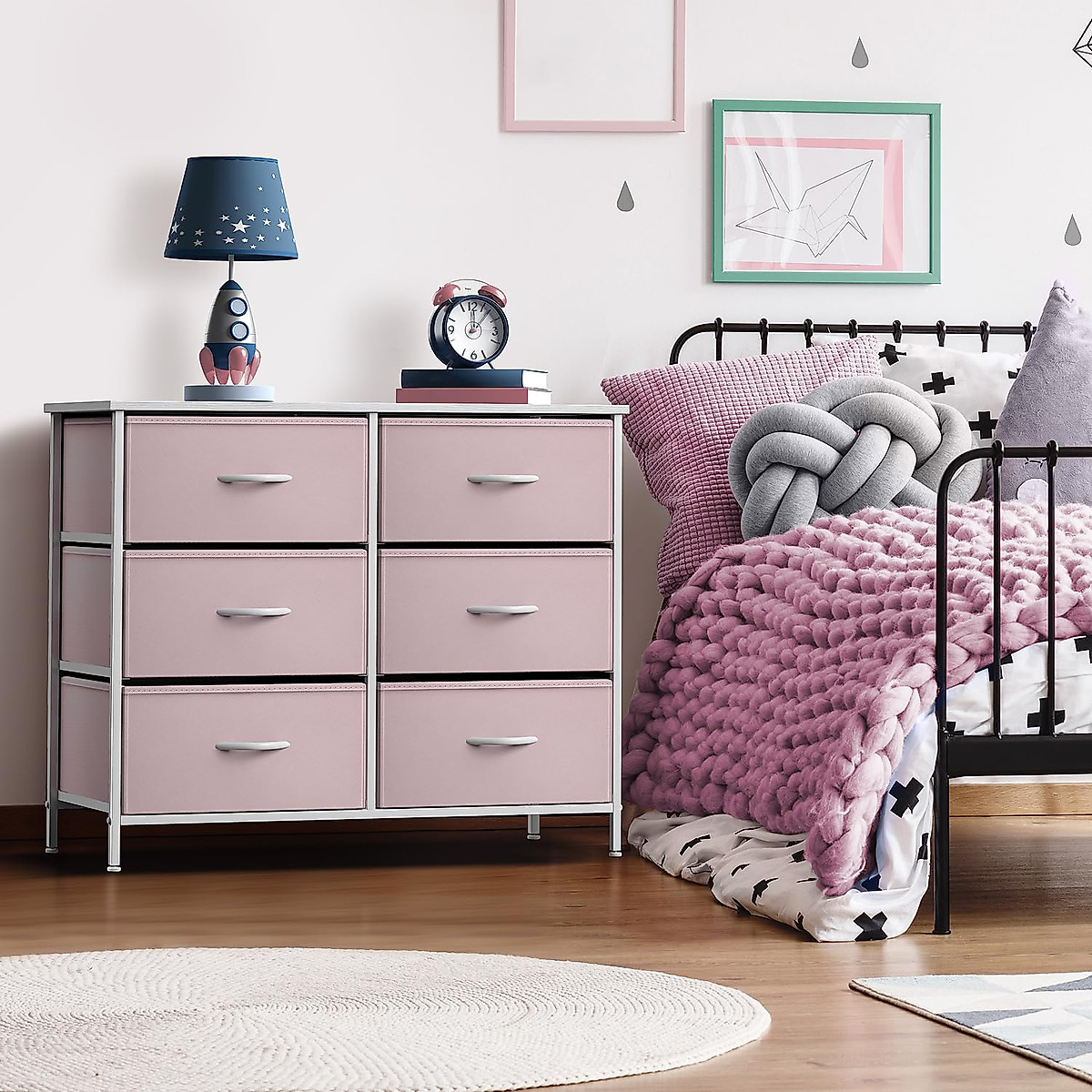 Sorbus Kids Dresser with 6 Drawers and 3 Drawer Nightstand Bundle - Matching Furniture Set - Storage Unit Organizer Chests for Clothing - Bedroom, Kids Rooms, Nursery, & Closet (Pink)