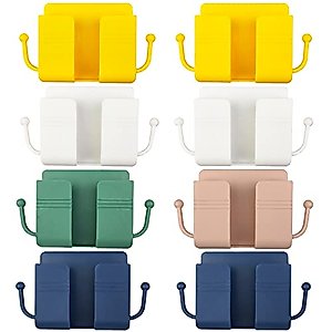 Marynee 8 Pcs Wall Mount Phone Holder Adhesive Remote Control Mobile Phone Plug Wall Holder with Hooks Organizer Storage Box for Bedroom Kitchen Bathroom (Mixed Colors), 3.1Wx5.5L