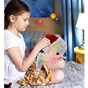 DolliBu Santa Large Rainbow Whale Stuffed Animal Plush Toy - Soft Wild Animal Dress Up with Red Santa Claus Hat, Cute Wildlife Gift, Perfect Holiday with Name Personalization - 9 Inches