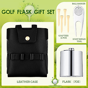 Remerry Golf Flask Gift Set 7 oz Stainless Steel Flask with Leather Case Golf Accessories for Men and Women Includes Drinking Bottle Divot Tool Ball Marker and 4 ball Tees (Black)