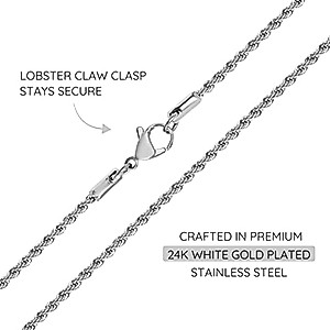 KISPER 24k White Gold Rope Chain Necklace –Thin, Dainty, White Gold Plated Stainless Steel Jewelry for Women & Men with Lobster Clasp, 22"
