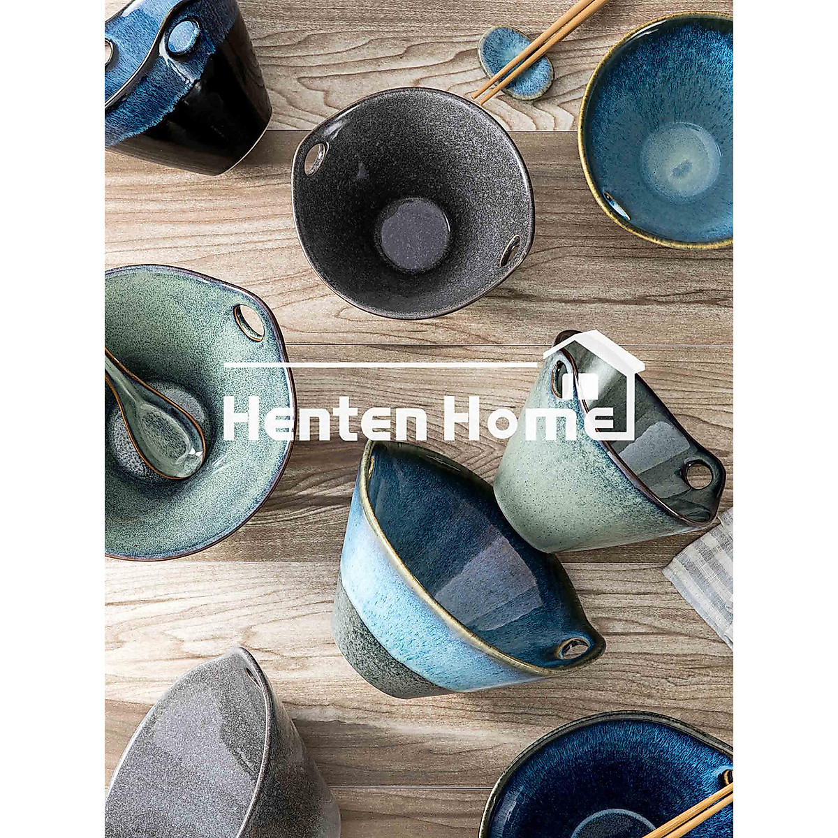 Henten Home 26 OZ Ramen Bowls Set, Ceramic Japanese Noodle Bowls Set of 2, Porcelain Deep Salad Bowl with Chopsticks for Udon, Reactive Glaze, Microwave Safe (Green)