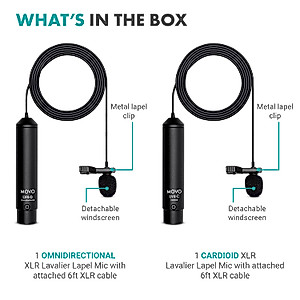 Movo LV4 Phantom Power XLR Lavalier Microphone Interview Kit with Omnidirectional and Cardioid XLR Lapel Mics, Metal Clips and Windscreens - Perfect for Video Shoots, Podcasting, YouTube Recording