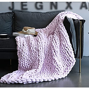 Victusphia Chunky Knit Blanket Throw Chenille Knitted Yarn Throw Blanket for Couch & Bed Fall Decor Large Soft Comfy Cable Blankets & Throws Purple Lavender 50"x60"