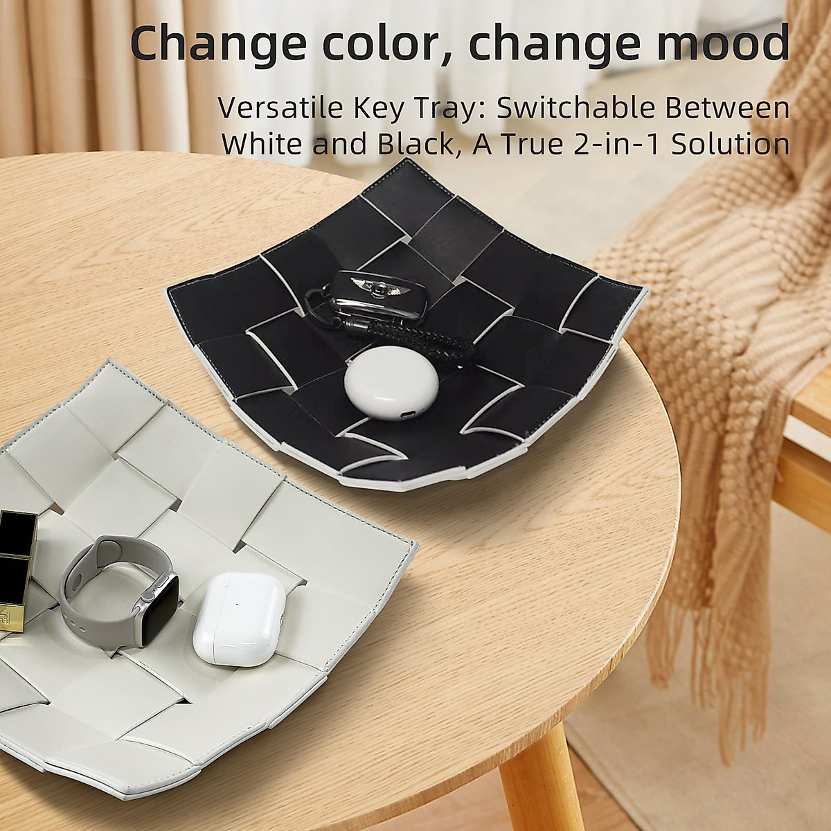 MSJGA Valet Tray for Men, PU Leather Key Holder Bowl for Entryway Table Bedside Nightstand Desk Catchall Organizer EDC Dump Tray for Wallet, Watch, Remote, Key, Phone, Jewelry - 9.8"L x 9.8"W x 2"H