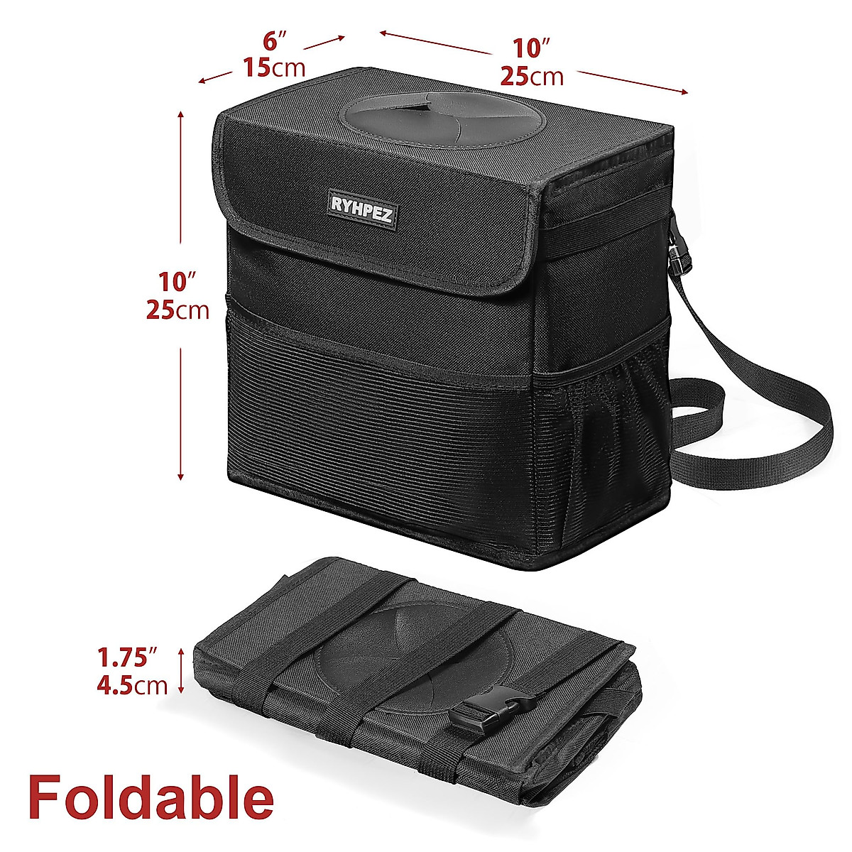 Ryhpez Car Trash Can with Lid - Car Trash Bag Hanging with Storage Pockets Collapsible and Portable Car Garbage Can with Metal Rack Support