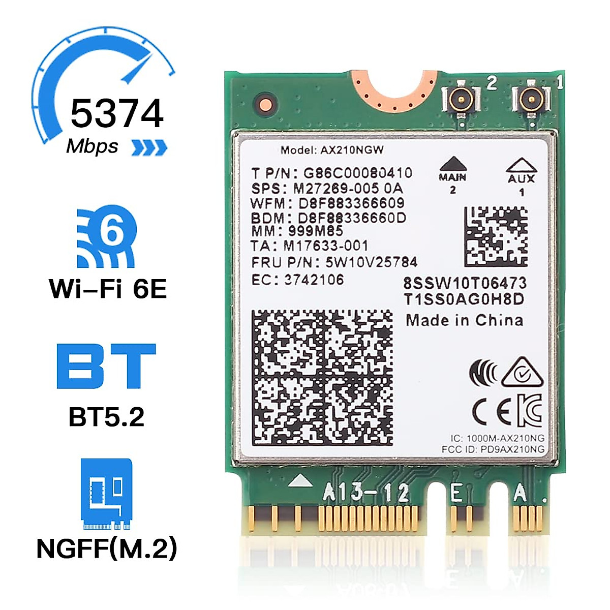 Wi-Fi 6E AX210NGW Wireless WiFi Card BT5.2 M.2 2230 Tri-Band Expands WiFi to 6GHz 160MHz 802.11ax ac MU-MIMO AX210 AX5400Mbps wifi 6E Network Card Better AX200NGW for PC Laptops Only for Windows 10 11