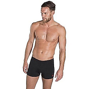 Speedo Men's Endurance+ Polyester Solid Square Leg Swimsuit for Men (Black/Lava Red, 38)