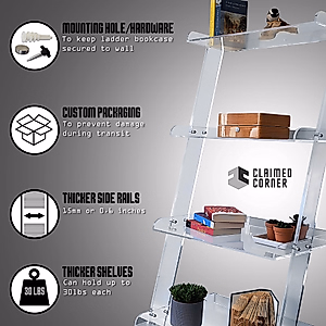 Acrylic Ladder Bookcase – Large Modern Clear Leaning Floating Wall Bookshelf - Standing Decor Display Unit for Open Shelving, Organizer, or Storage in the Living Room, Office, Bedroom, or Bathroom