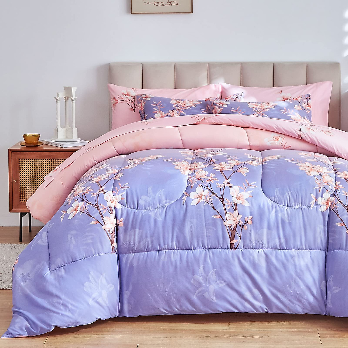 AIKASY Pink and Light Purple Queen Comforter Set with Sheets,Bed in a Bag 7-Pieces,Branches and Flowers Printing Design,Ultra Soft Down Alternative All Season Bedding Set(Queen,Blossom Stem)