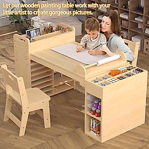 NKUGCFC 50.4inx 22.8in Kids Art Table and Chair Set with Paper Roll Dispenser,Kids Craft Table with Portable Art Supply Organizer for 4-12 Year Old,Drawing Table with Large Storage Desk for Kids