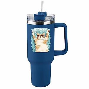 LB LEOBON 40 ounce insulated cup with handle, double-layer vacuum stainless steel material, equipped with straw, can keep warm or maintain cold drinks Leisure Cats Art Cowboy Blue