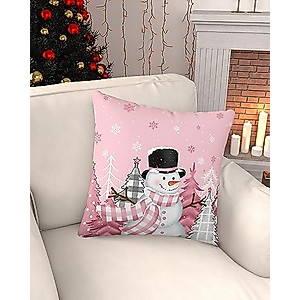 Fantasy Staring Snowman Throw Pillow Covers 18" x 18" Pink Christmas Snowflake Xmas Tree Winter Soft Short Plush Pillow Case for Couch/Sofa/Bedroom/Car