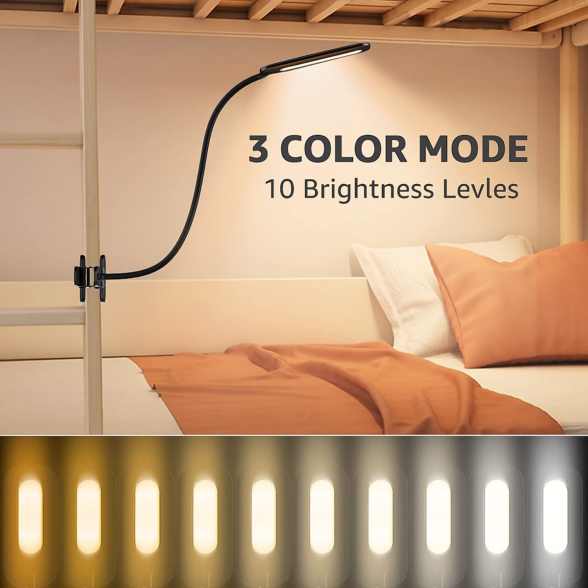 Dpower Desk Lamp with Clamp, 8W Clip on Light with 3 Lighting Modes, 10 Brightness Level, Eye-Caring Reading Lamp, Flexible Gooseneck Clamp Lamp, USB Desk Light for Bed Headboard Home Office Workbench